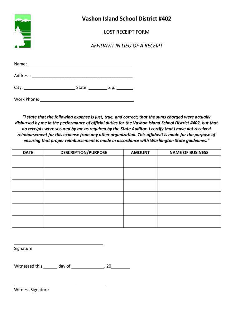 Fillable Online vashonsd Lost receipt - Vashon Island School District Fax Email Print - pdfFiller
