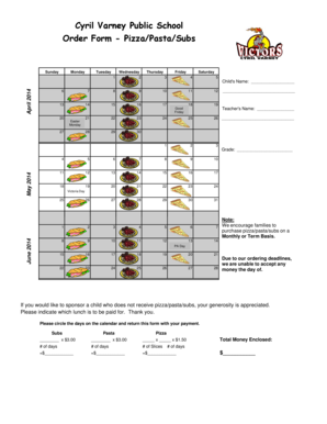 Fillable Online Pizza Pasta Sub Order Form April to June Fax Email ...