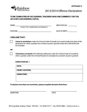 Fillable Online 20132014 Offence Declaration - Rainbow District School ...