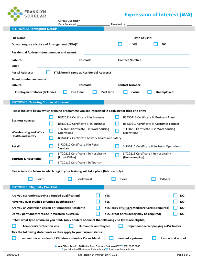 Fillable Online franklynscholar edu Expression of Interest form - Franklyn Scholar Fax Email ...