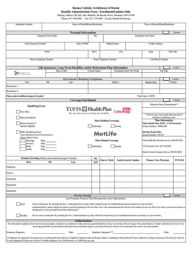 Fillable Online catholicbenefits Benefits Enrollment/Change Form - Catholic Benefits Connection ...
