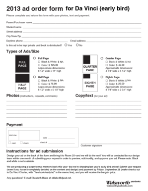 Fillable Online 2013 ad order form - Da Vinci Charter Academy Fax Email Print - pdfFiller