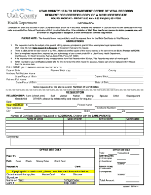 Fillable Online utahcountyonline Birth Certificate Request Form - Utah ...