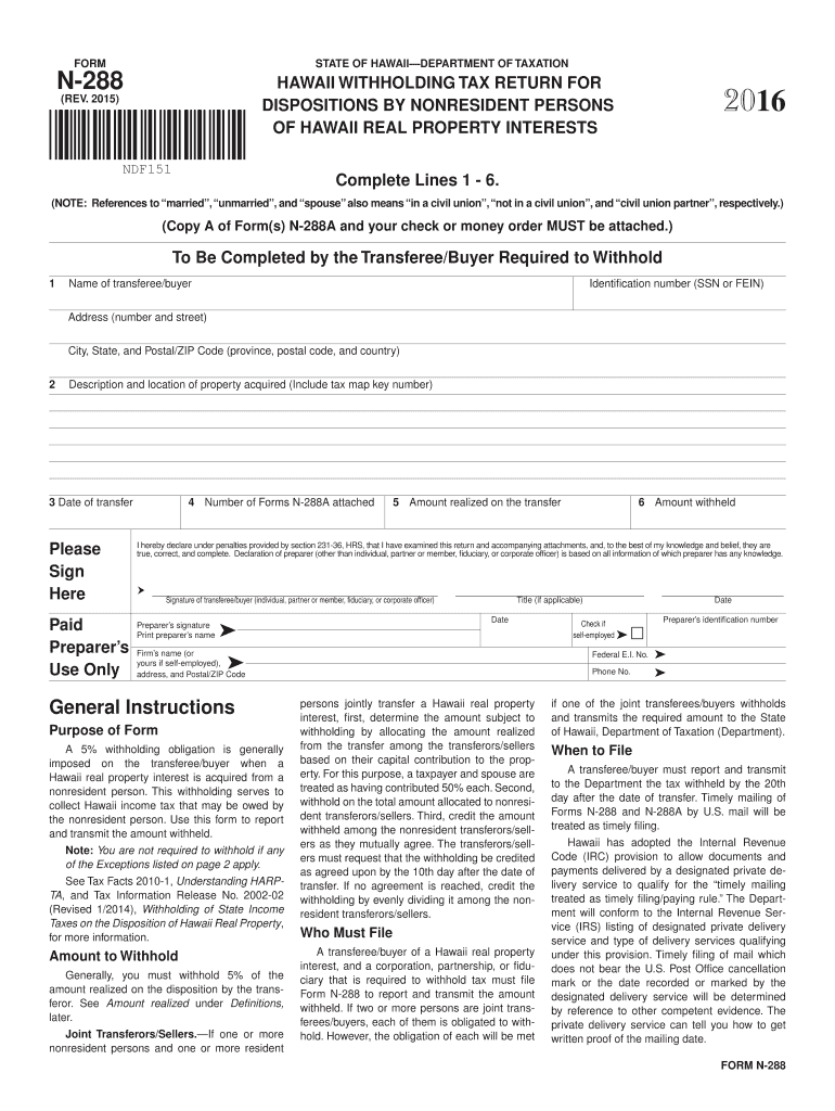 Fillable Online Form N-288 Rev 2015 Hawaii Withholding Tax Return for ...