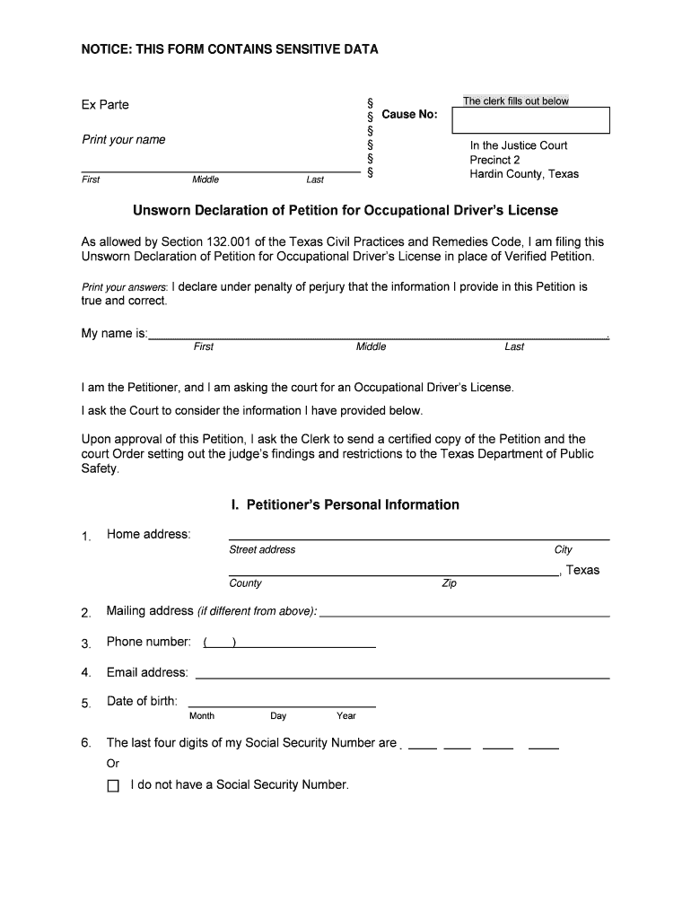 Fillable Online Unsworn Declaration of Petition for Occupational ...
