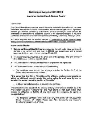 Fillable Online Subrecipient Agreement 2018/2019 Insurance Instructions ...