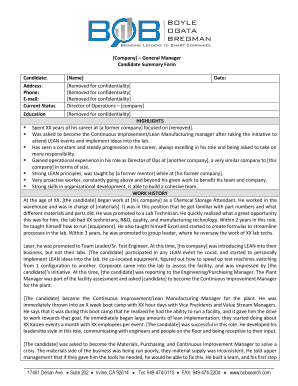 Fillable Online Company General Manager Candidate Summary Form Fax ...