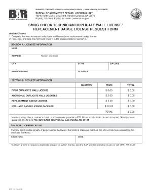Fillable Online Smog Check Technician Duplicate Wall License ...