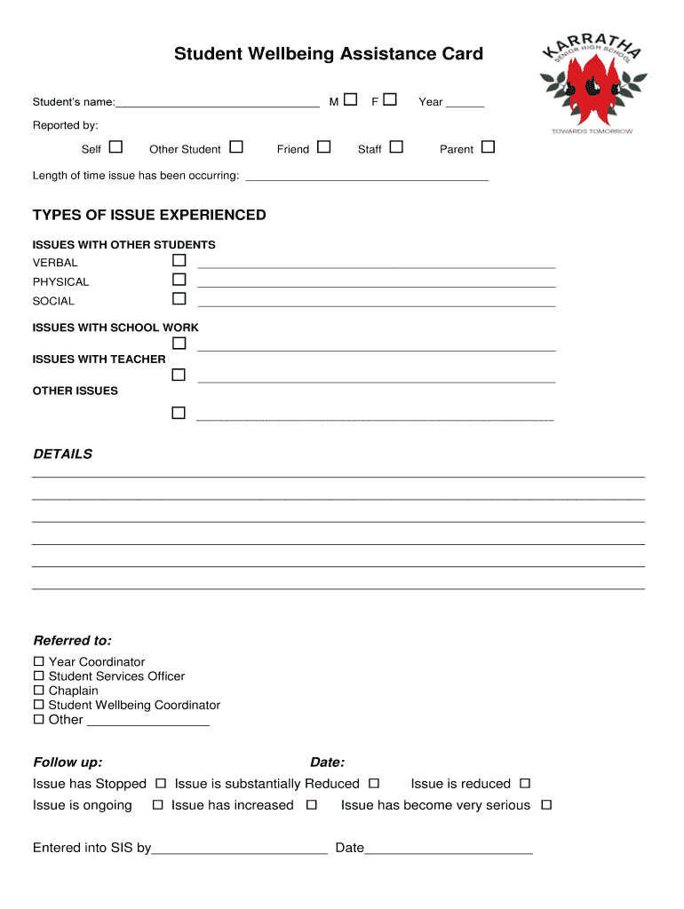 Fillable Online Student Wellbeing Assistance Card - karrathashs.wa.edu ...