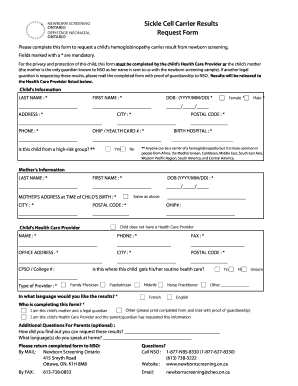 Fillable Online Sickle Cell Carrier Results Request Form - Newborn ...