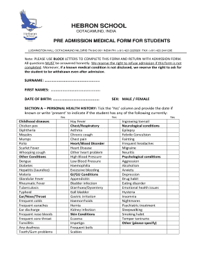 Fillable Online PRE ADMISSION MEDICAL FORM FOR STUDENTS Fax Email Print ...