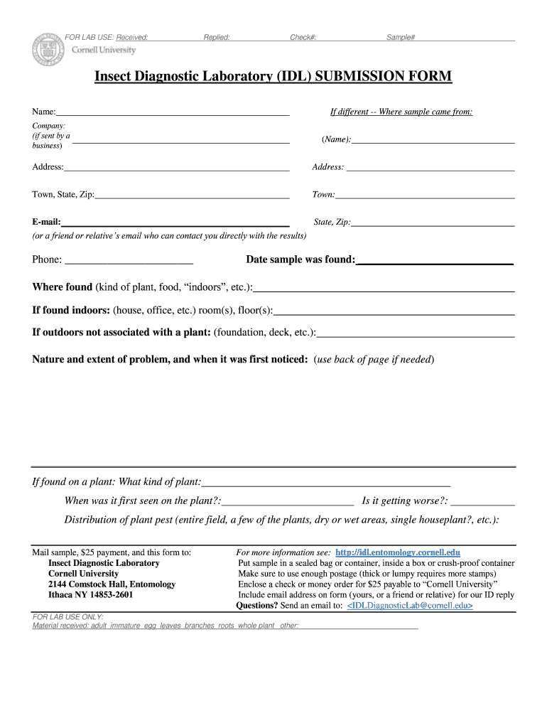 Fillable Online idl entomology cornell Sample Submission - Schutter Diagnostic Lab - Montana ...