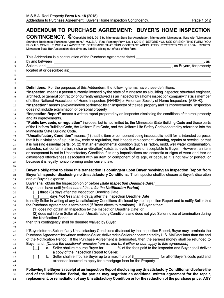 Fillable Online Addendum to Purchase Agreement: Buyers Home Inspection ...
