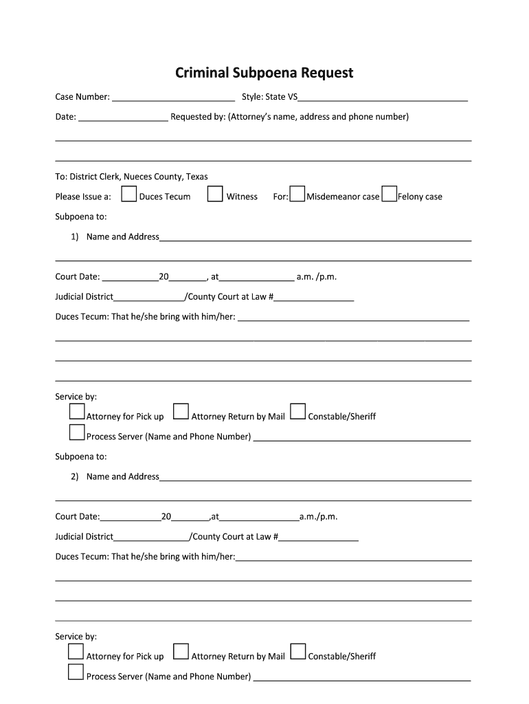 Fillable Online Criminal Subpoena Request. Criminal Subpoena Request ...