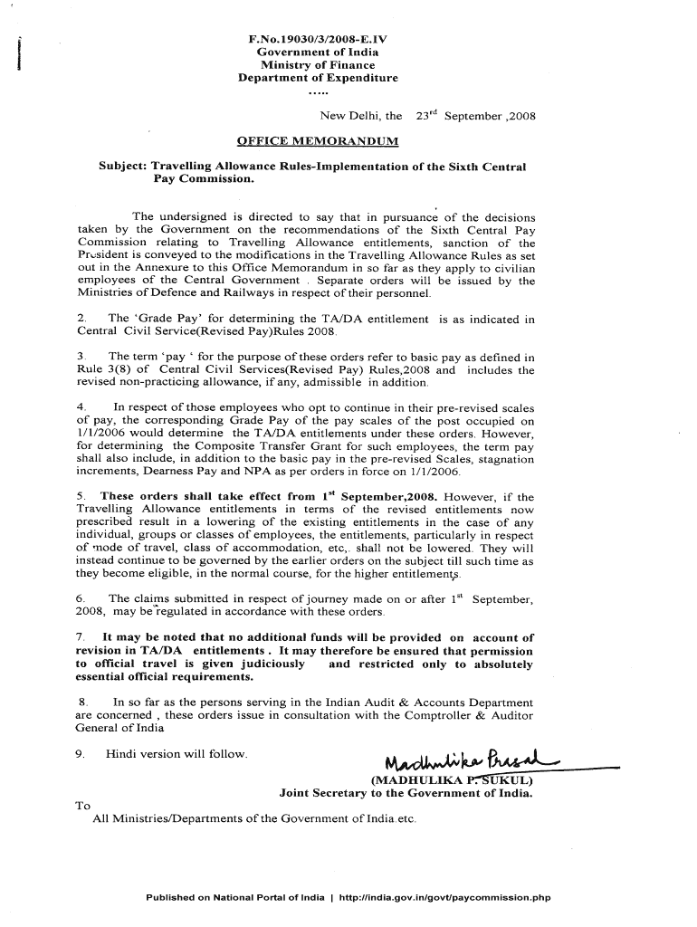Fillable Online AI CIRCULAR REGARDING TA Allowance FOR CENTRAL ... Fax ...