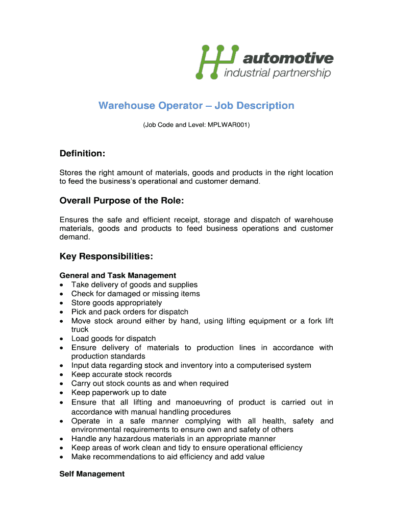 Warehouse Employee Job Description - Fill Online, Printable, Fillable ...