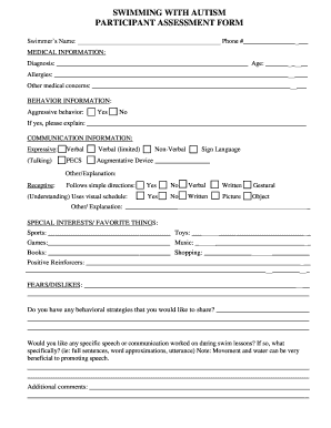 Fillable Online swimming with autism participant assessment form ...