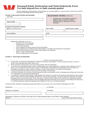 Fillable Online Deceased Estate Declaration and Claim/Indemnity Form ...