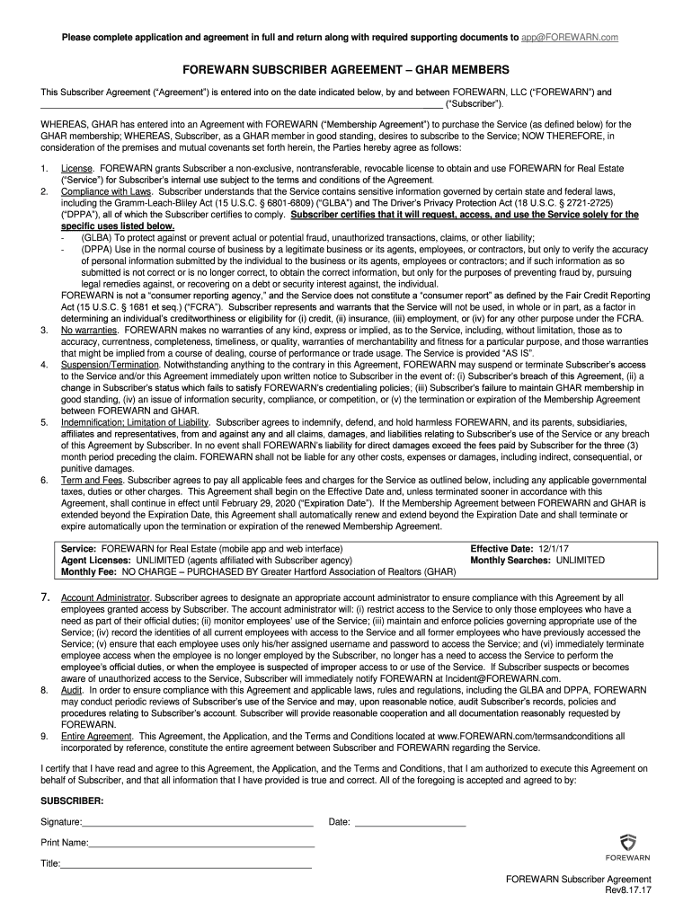 Fillable Online FOREWARN SUBSCRIBER AGREEMENT GHAR MEMBERS Fax Email Print - pdfFiller