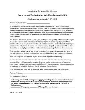 Fillable Online Application for honors English class - webo.weboschools ...