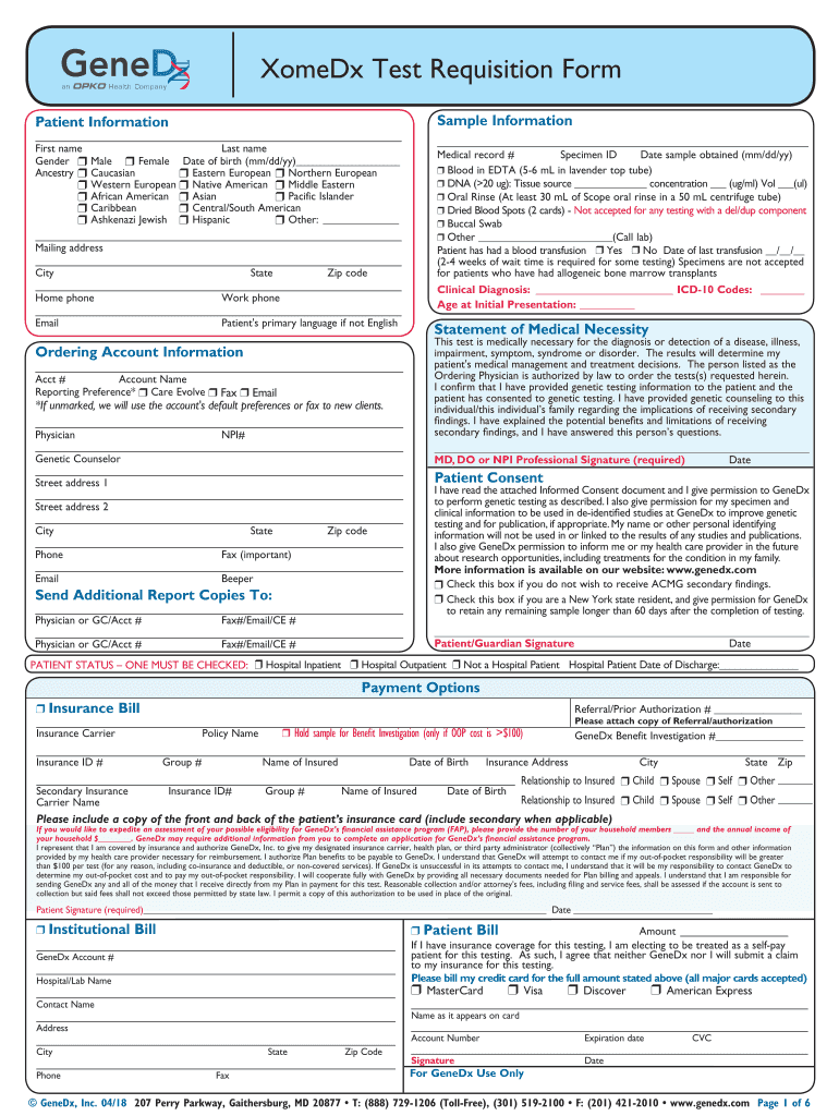 Fillable Online XomeDx Test Requisition Form - GeneDx Fax Email Print ...