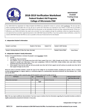 Fillable Online 2018-2019 Independent Verification Worksheet Federal ...