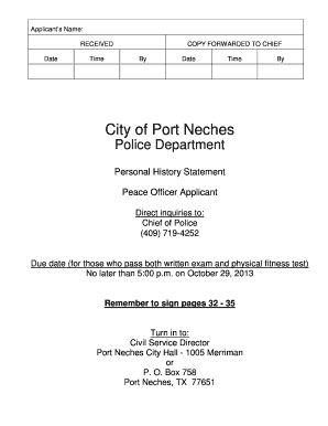 Fillable Online Police Officer PERSONAL HISTORY STATEMENT - City of ...