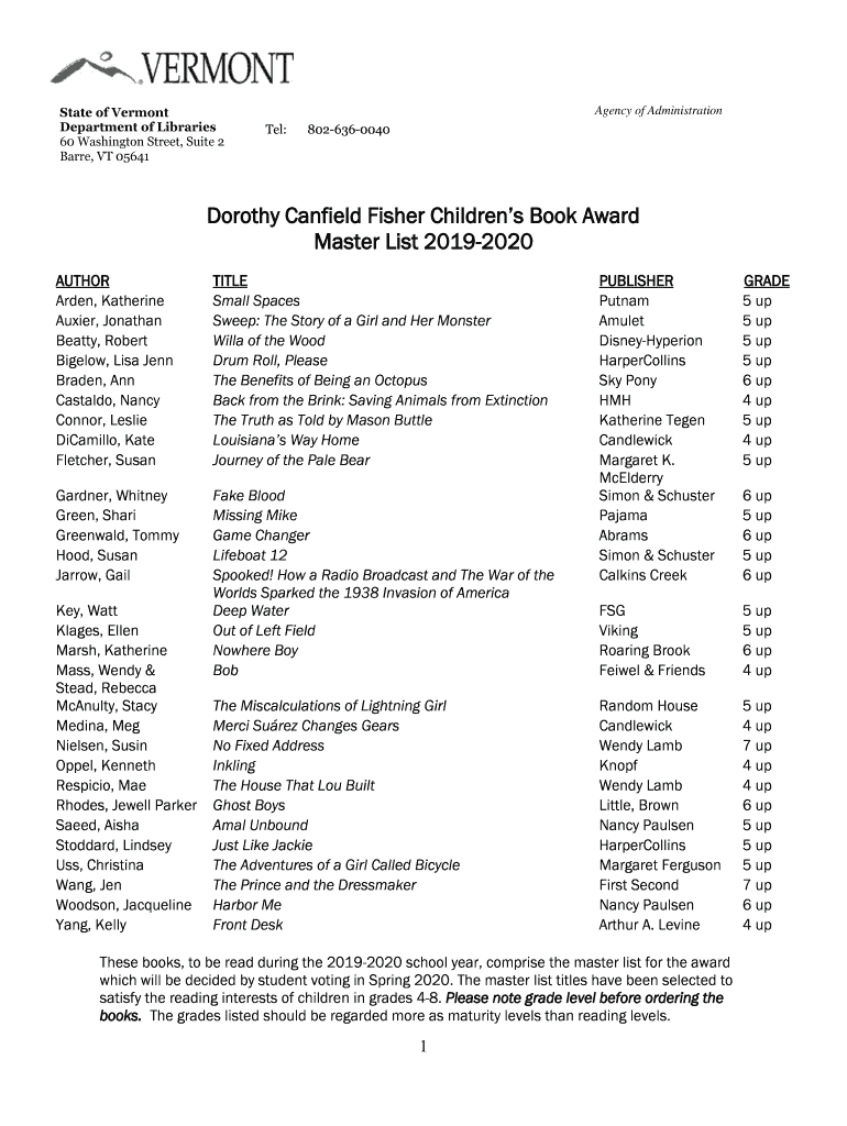 Fillable Online libraries vermont Dorothy Canfield Fisher Award List - Vermont Libraries Fax ...