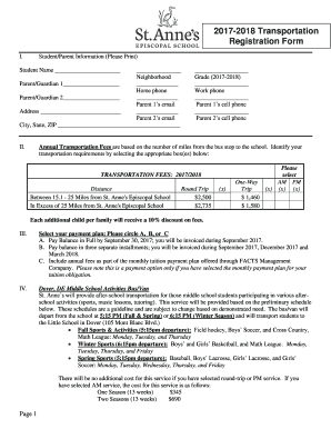 Fillable Online 2017-2018 Transportation Registration Form Fax Email ...