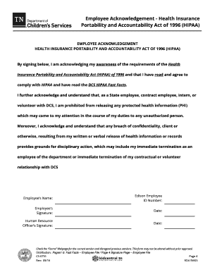 Fillable Online Employee Acknowledgement - Health Insurance Portability ...