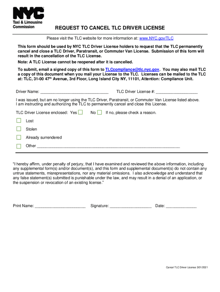 2021 2023 Form NY Re To Cancel TLC Driver License Fill Online 