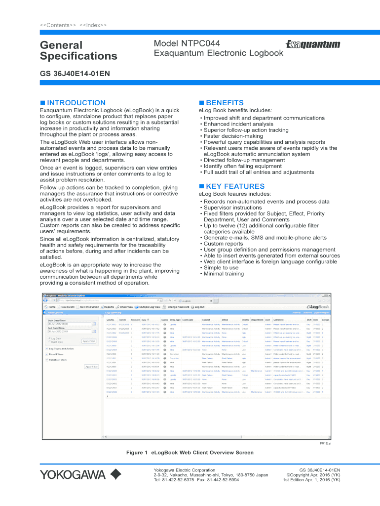 Fillable Online General 6SHFLFDWLRQV Exaquantum Electronic Logbook Fax Email Print - pdfFiller