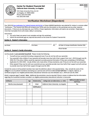 Fillable Online 2019-2020 Verification Worksheet (Dependent) Fax Email Print - pdfFiller