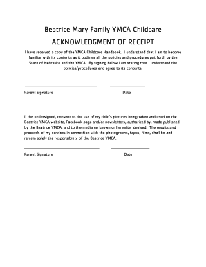 Fillable Online Beatrice Mary Family YMCA Childcare ACKNOWLEDGMENT OF ...