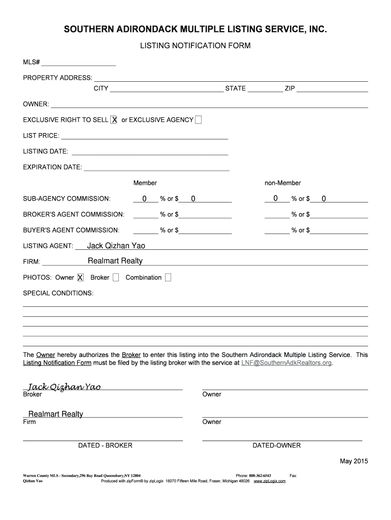 Fillable Online LISTING NOTIFICATION FORM Fax Email Print - pdfFiller