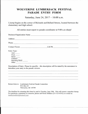 Fillable Online WOLVERINE LUMBERJACK FESTIVAL PARADE ENTRY FORM Fax ...