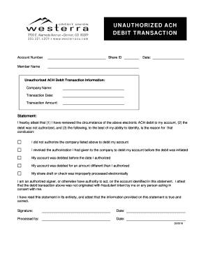 Fillable Online Unauthorized ACH Debit Transaction Form. Unauthorized ...