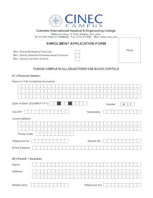 Fillable Online ENROLMENT APPLICATION FORM - cinec.edu Fax Email Print ...