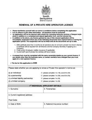 Fillable Online RENEWAL OF A PRIVATE HIRE OPERATOR LICENCE Fax Email ...