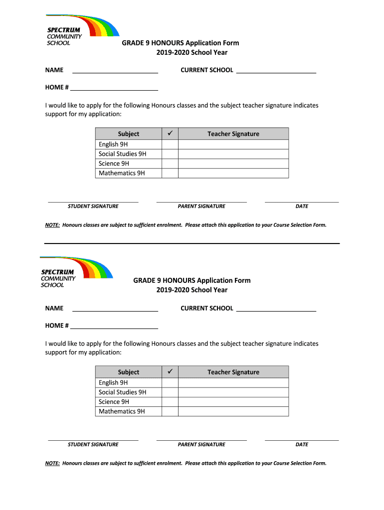 Fillable Online GRADE 9 HONOURS Application Form 2019-2020 School Year ...