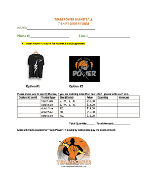 Fillable Online TEAM POWER BASKETBALL T-SHIRT ORDER FORM NAME: Phone ...