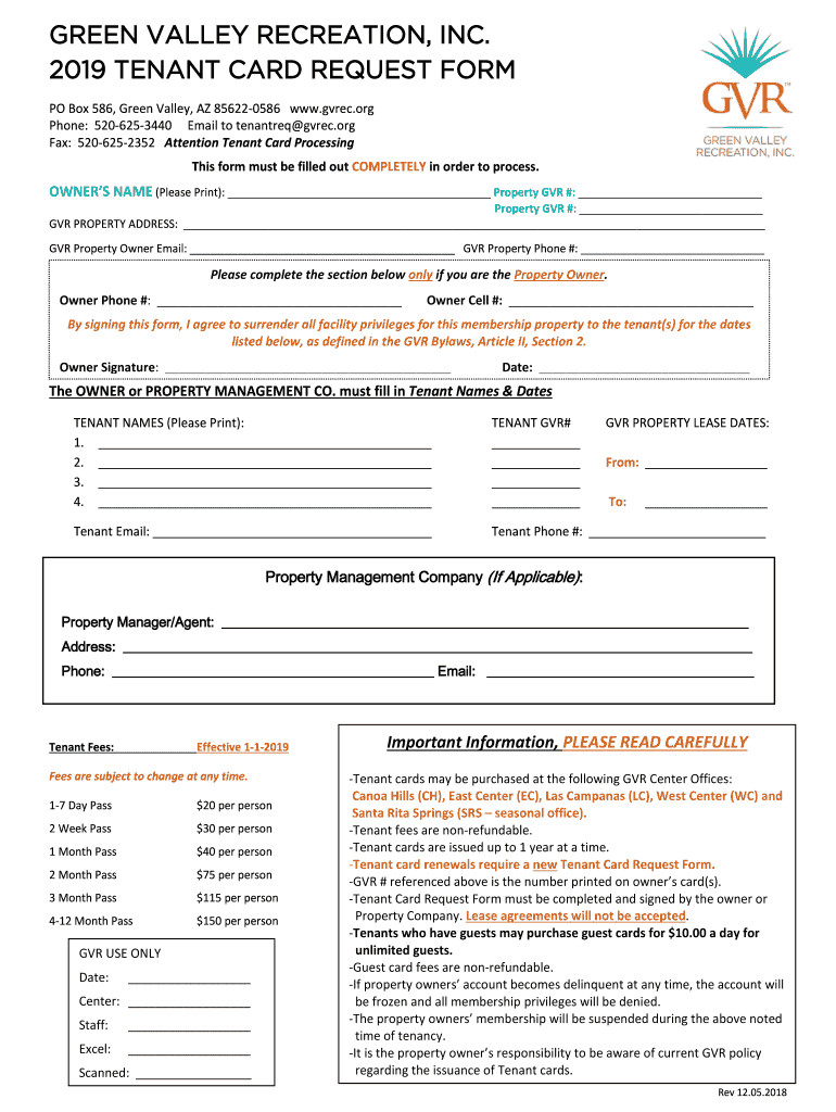 Fillable Online 2019 TENANT CARD REQUEST FORM Fax Email Print - pdfFiller