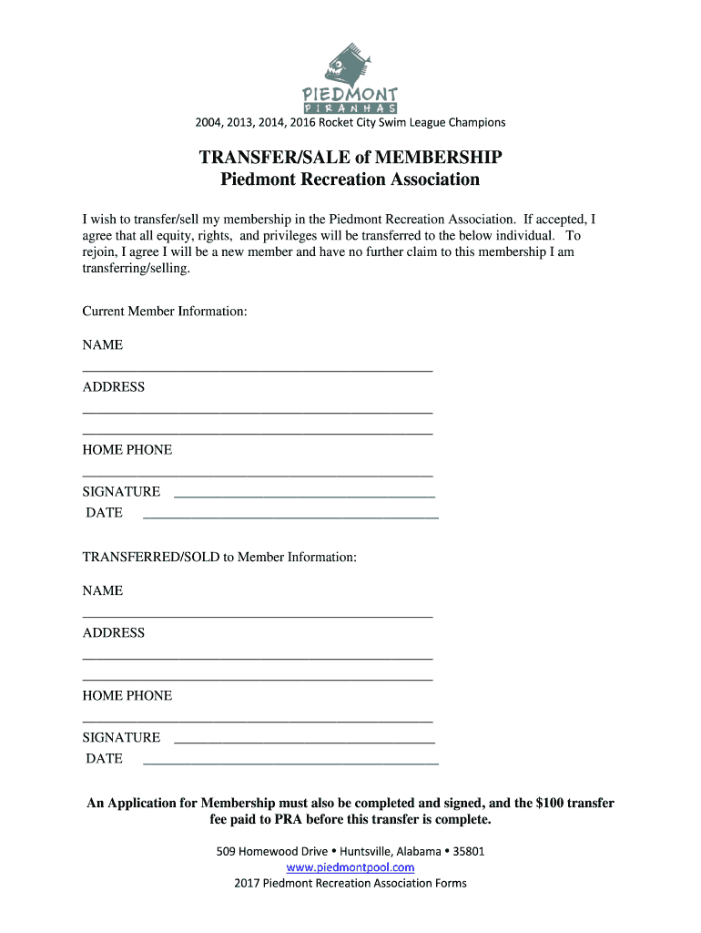 Fillable Online TRANSFER/SALE of MEMBERSHIP Piedmont Recreation ...
