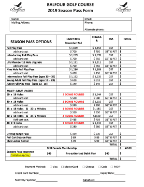 Fillable Online BALFOUR GOLF COURSE 2019 Season Pass Form Fax Email ...