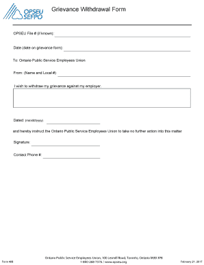 Fillable Online OPSEU Grievance Withdrawal Form Fax Email Print - pdfFiller