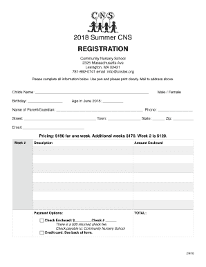 Fillable Online 2018 Summer CNS Registration Form - cnslex.org Fax ...