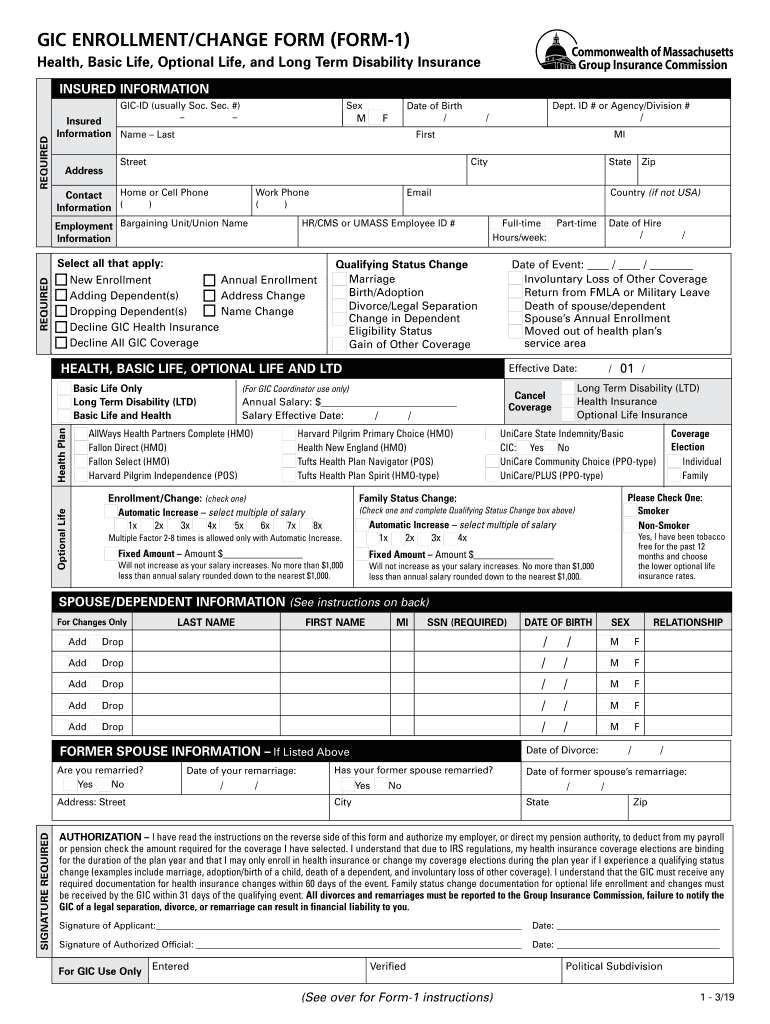 Fillable Online GIC ENROLLMENT/CHANGE FORM (FORM-1) Health, Basic Life ...