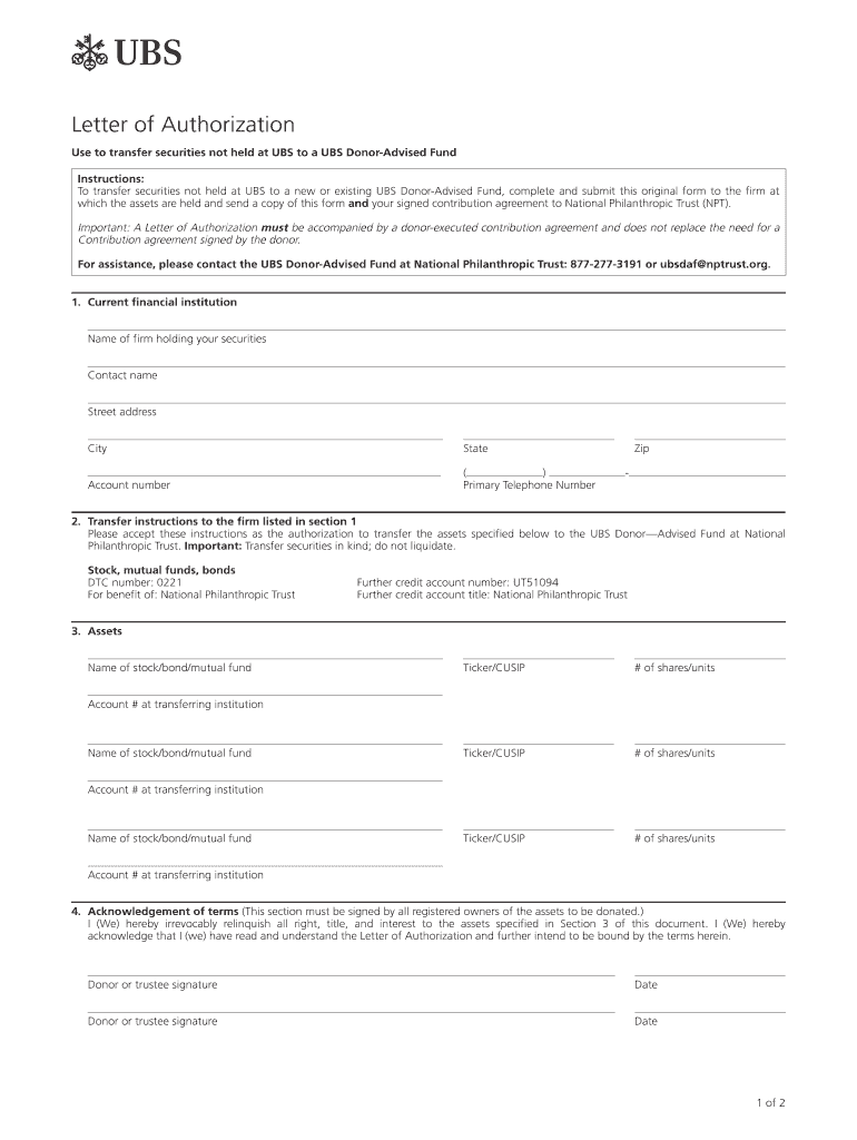 Letter of Authorization for UBS Donor-Advised Fund - Blank Fillable ...