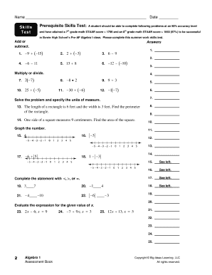 Prerequisite Skills Test Algebra 1 Answer Key - Fill Online, Printable ...