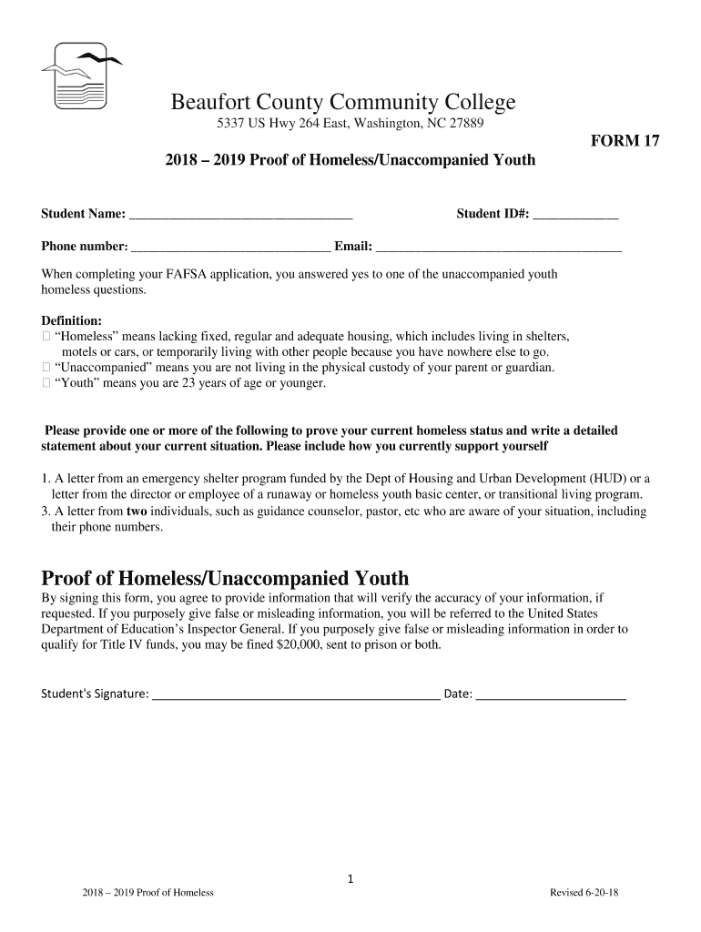 Fillable Online 17 Homeless/Unaccompanied Youth - Beaufort County Community ... Fax Email Print ...
